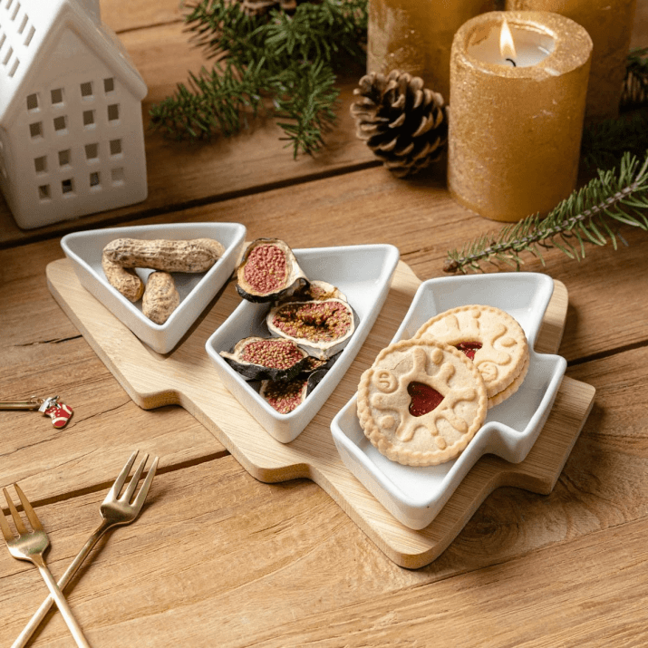 Коледно плато за сервиране с форма на елха с 3 броя купички TROEL, 28 x ...